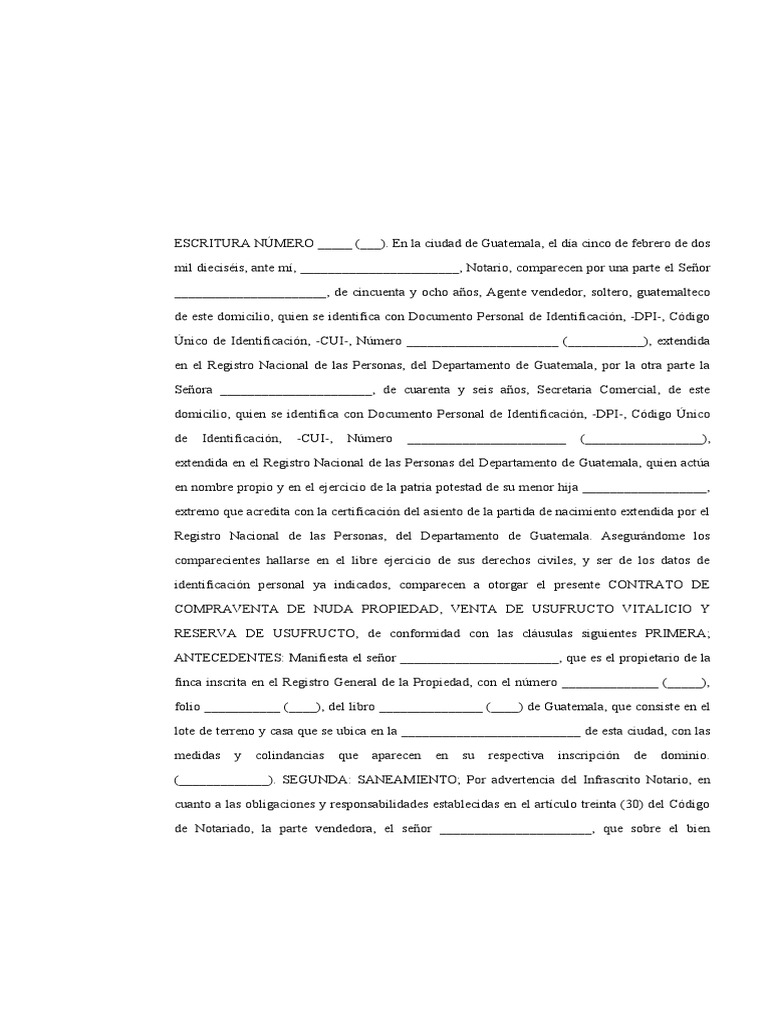 Escritura de Compraventa de Nuda Propiedad, Venta de Usufructo Vitalicio y Reserva de Usufructo ...