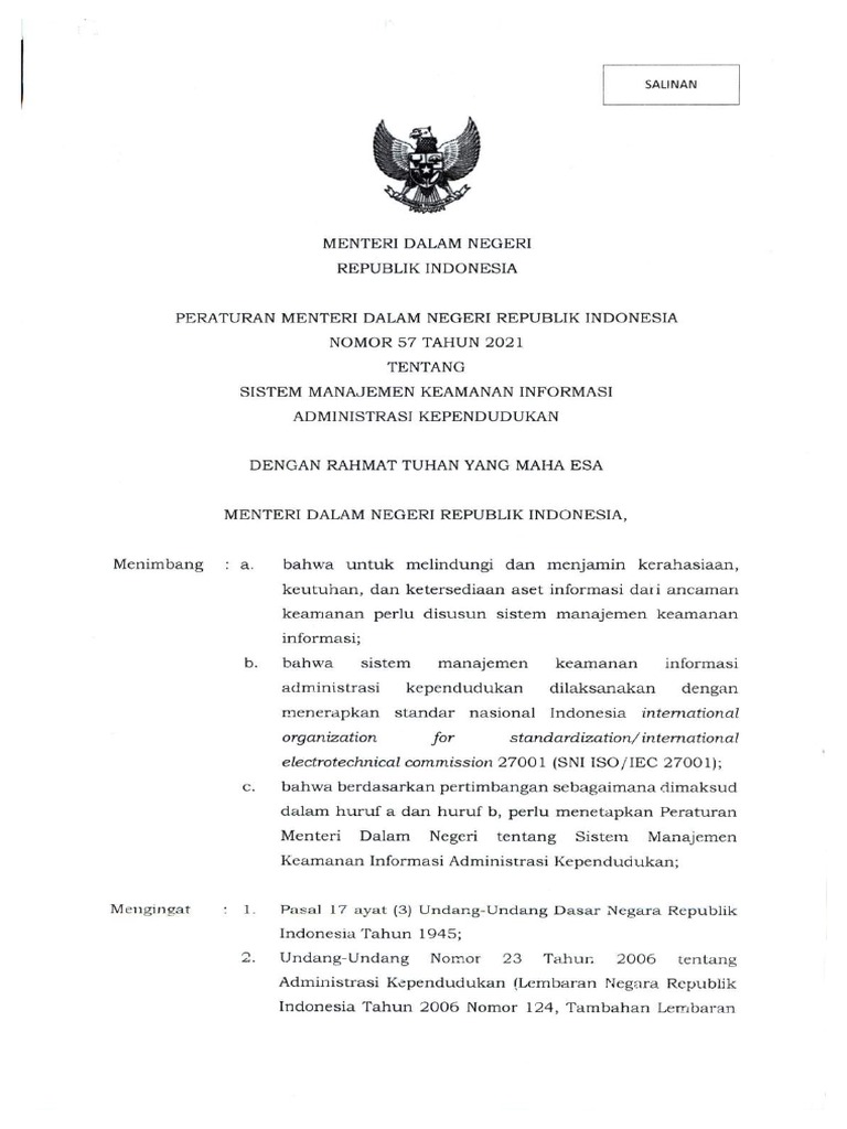 Permendagri Nomor 57 Tahun 2021 Tentang SMKI | PDF
