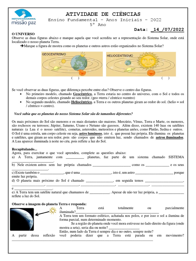 Atividades CIÊNCIAS 5º ANO | PDF | Lua | Planetas