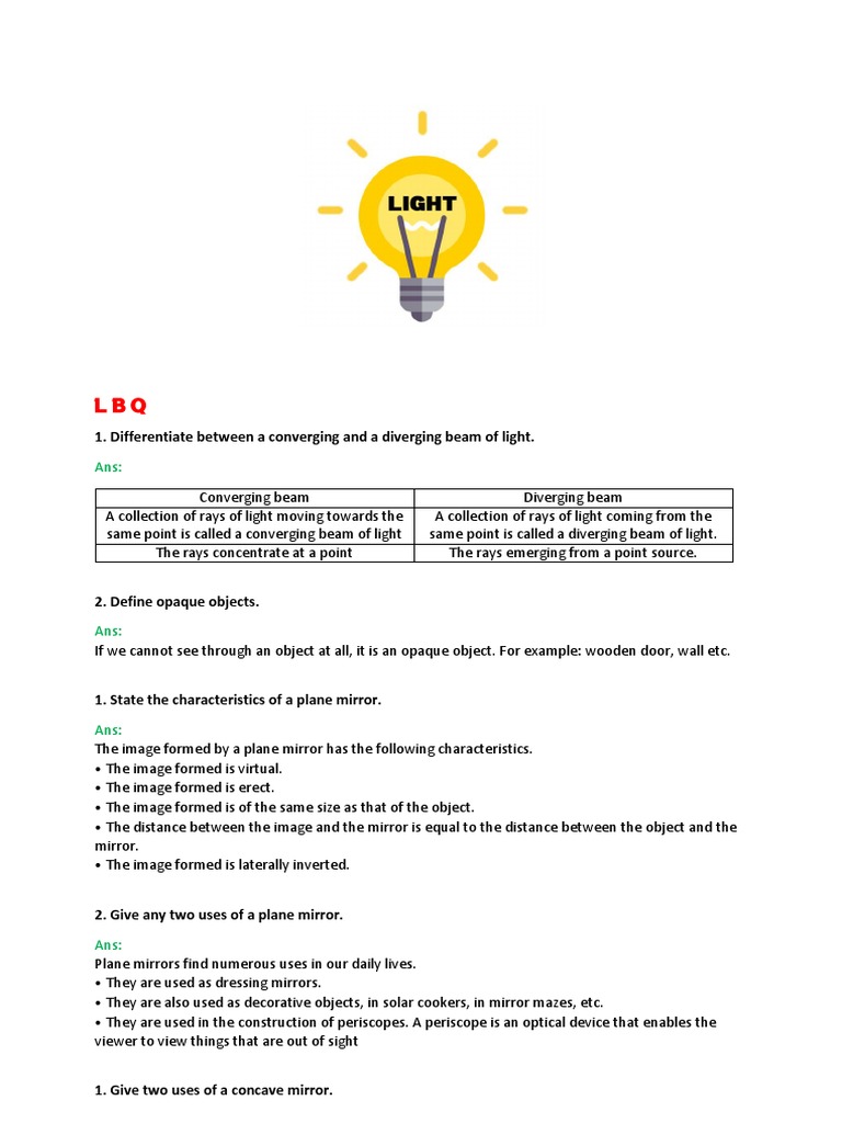 Light - Class 7 - QnA - 2021 | PDF | Mirror | Reflection (Physics)