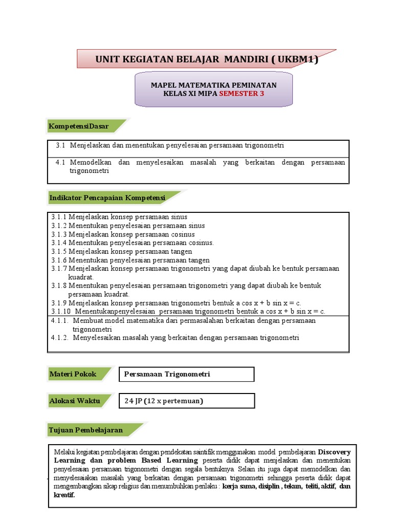 UKBM 1 Kelas XI Pers Trigonometri | PDF | Metode & Bahan Ajar