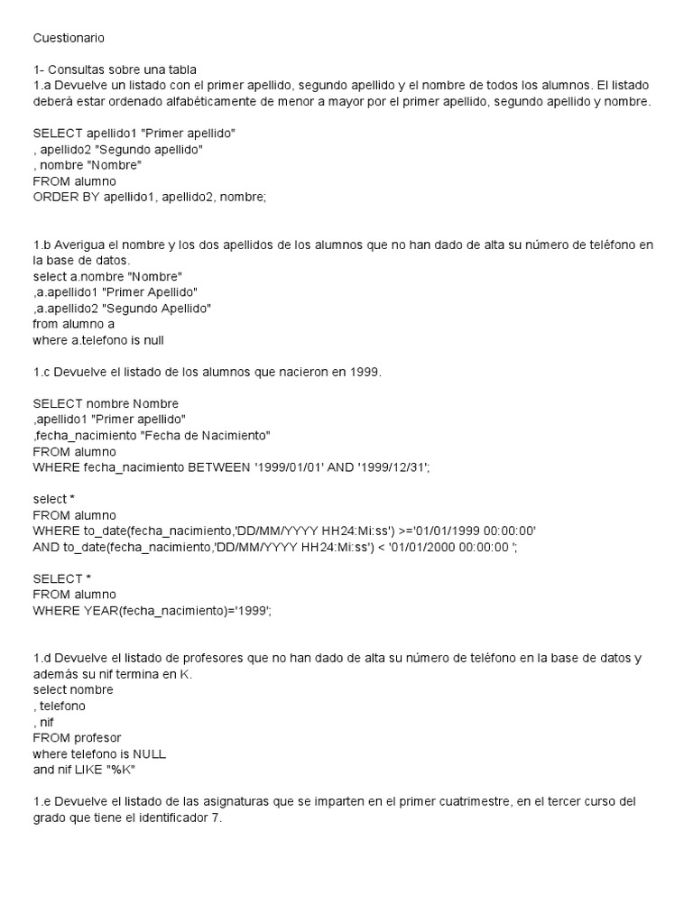 Cuestionario SQL | PDF | SQL | Software de gestión de datos