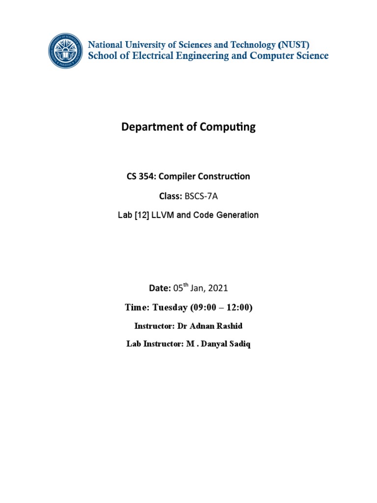 Department of Computing: CS 354: Compiler Construction Class: BSCS-7A | PDF | Compiler ...