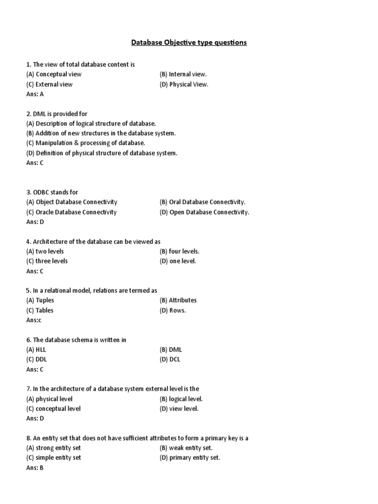 Database Objective Type Questions | PDF | Databases | Relational Database