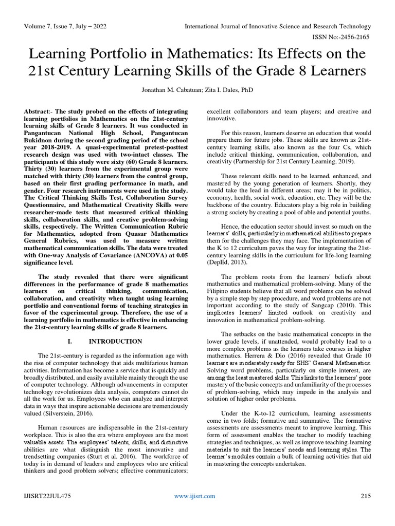 Learning Portfolio in Mathematics Its Effects On The 21st Century ...