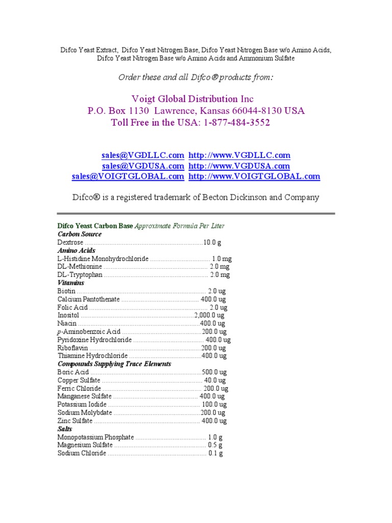 DIFCO Yeast Agar Formulations | PDF | Potassium | Diet & Nutrition