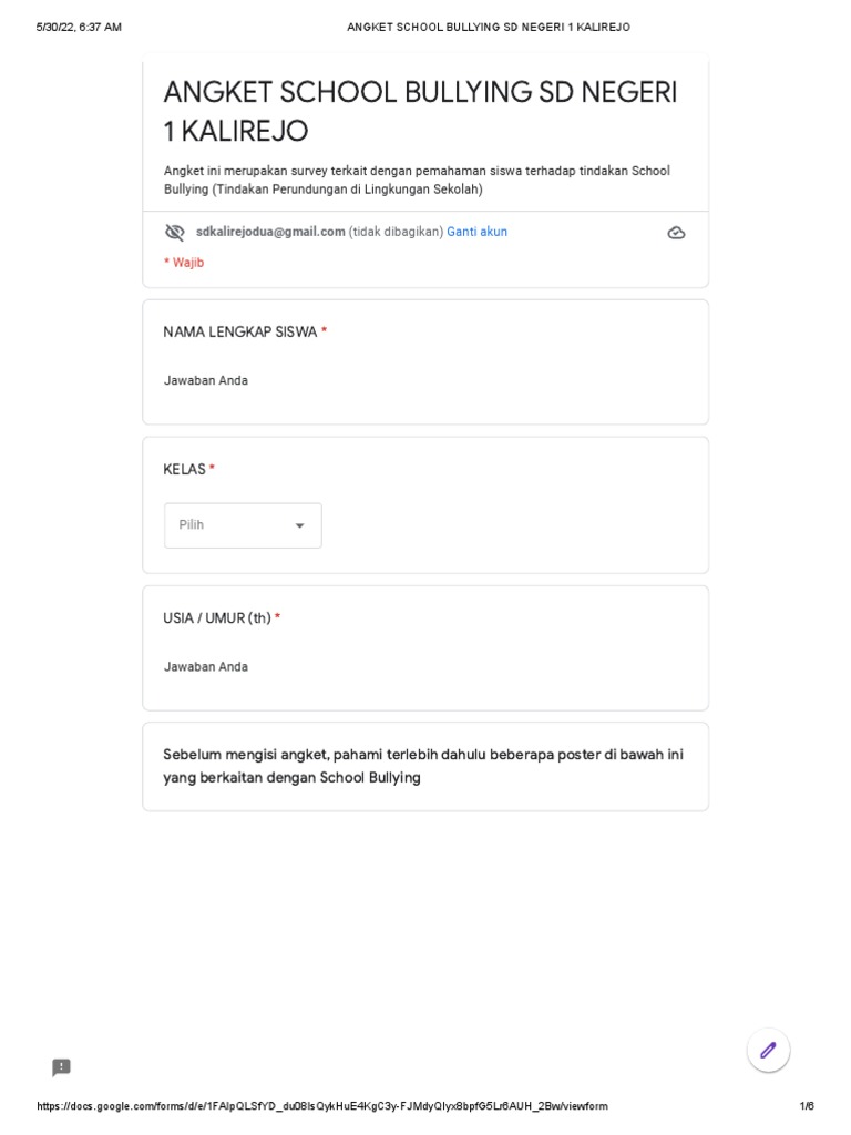 Angket School Bullying SD Negeri 1 Kalirejo | PDF