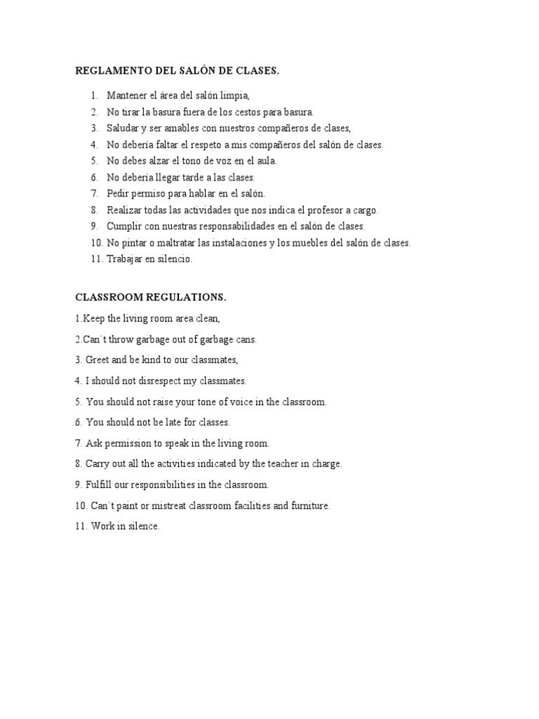 REGLAMENTO DEL SALÓN DE CLASES Inglés. | PDF