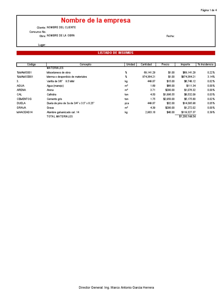 Ejemplo de Explosión de Insumos Construcción | PDF | Materiales de ...