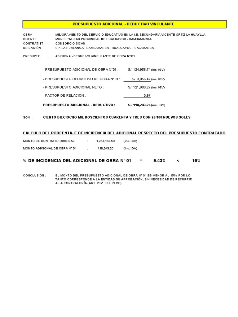 Adicional Deductivo Vinculante Obra | PDF | Sector secundario de la economía