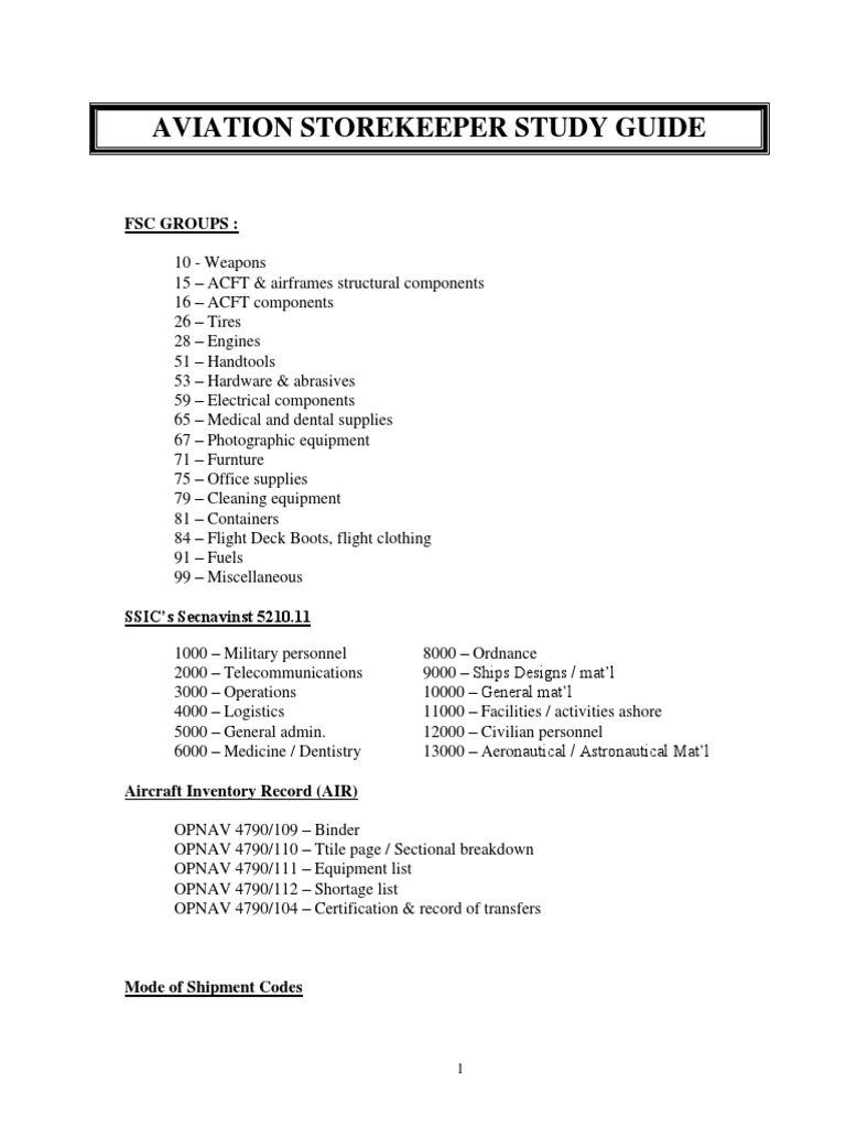 Aviation Storekeeper Study Guide: FSC Groups | PDF | Classified ...