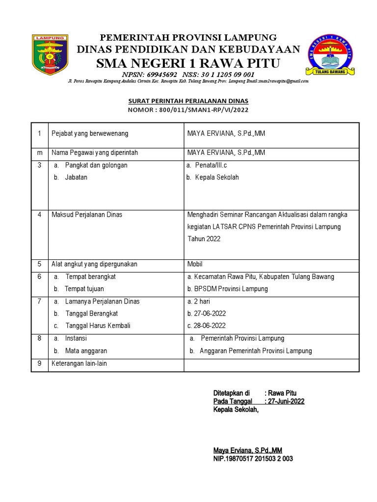 Format SPPD Surat Perintah Perjalanan Dinas Sekolah | PDF