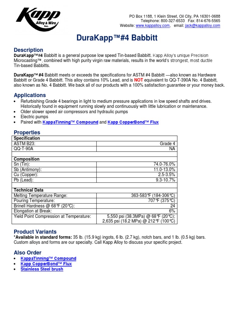 TDS DuraKapp4 Tin Lead Babbitt R2 | PDF | Alloy | Tin