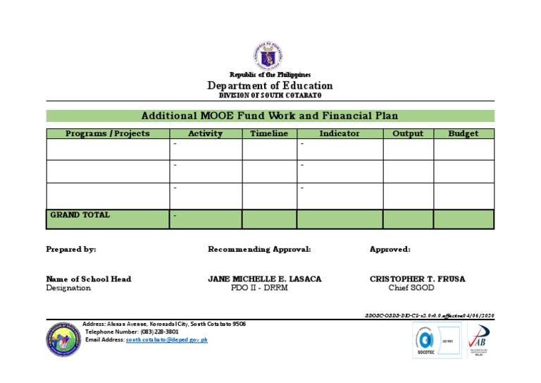 Department of Education: Additional MOOE Fund Work and Financial Plan | PDF