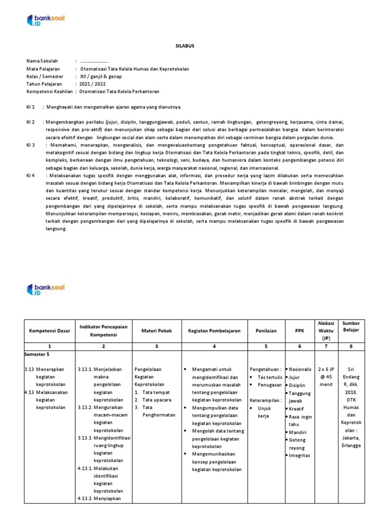 Silabus Otk Humas Dan Keprotokolan Xii Ta 2021 2022 | PDF