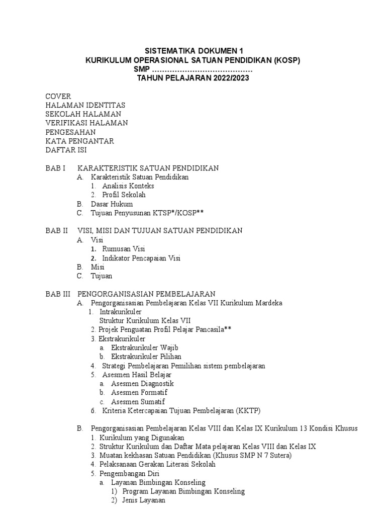 Sistematika Penulisan Dokumen Kosp Dan KTSP SMP TP 2022,2023 | PDF