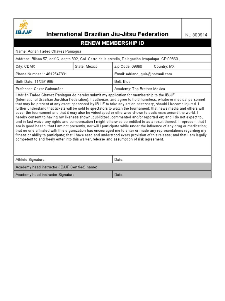 IBJJF Membership Renewal Form | PDF | Lifestyle
