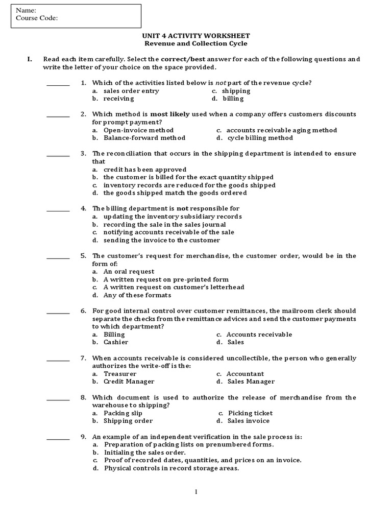 ACCTSYS Unit 4 Worksheets | PDF | Receipt | Cheque