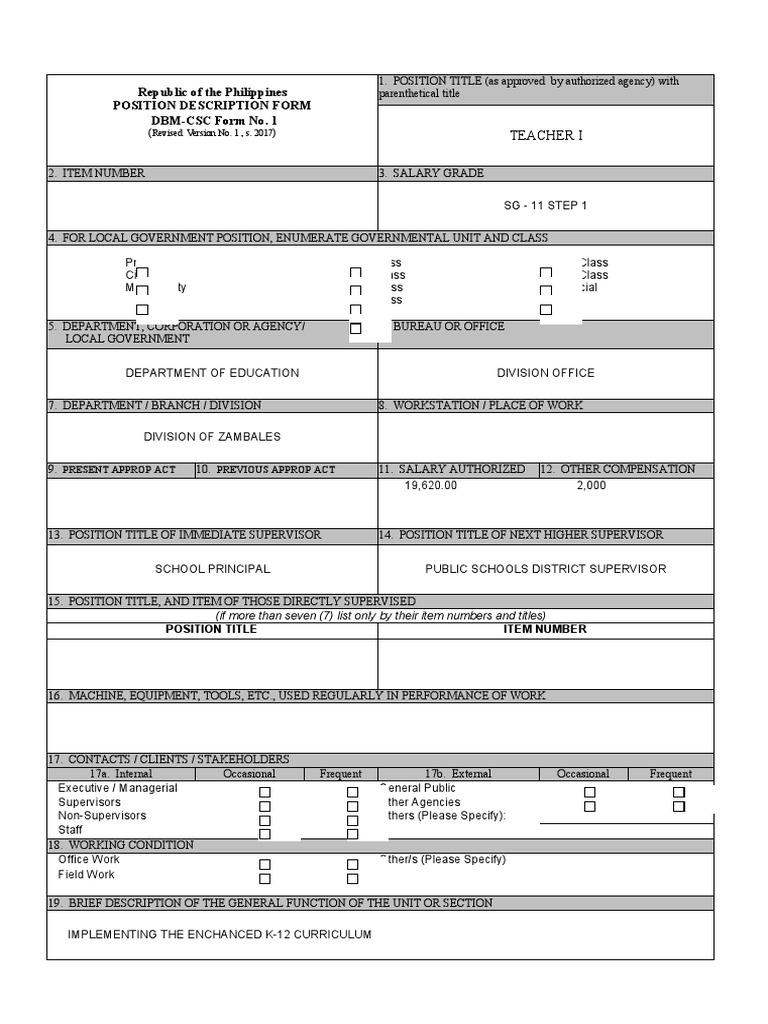 DBM CSC Form No. 1 Position Description Forms TEACHER I | PDF ...