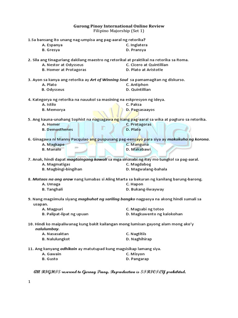 Set 1 Filipino Major | PDF