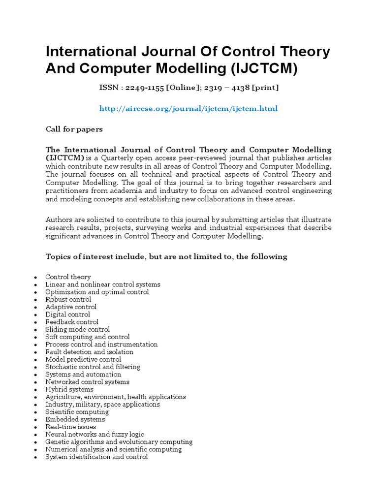 The International Journal of Control Theory and Computer Modelling ...