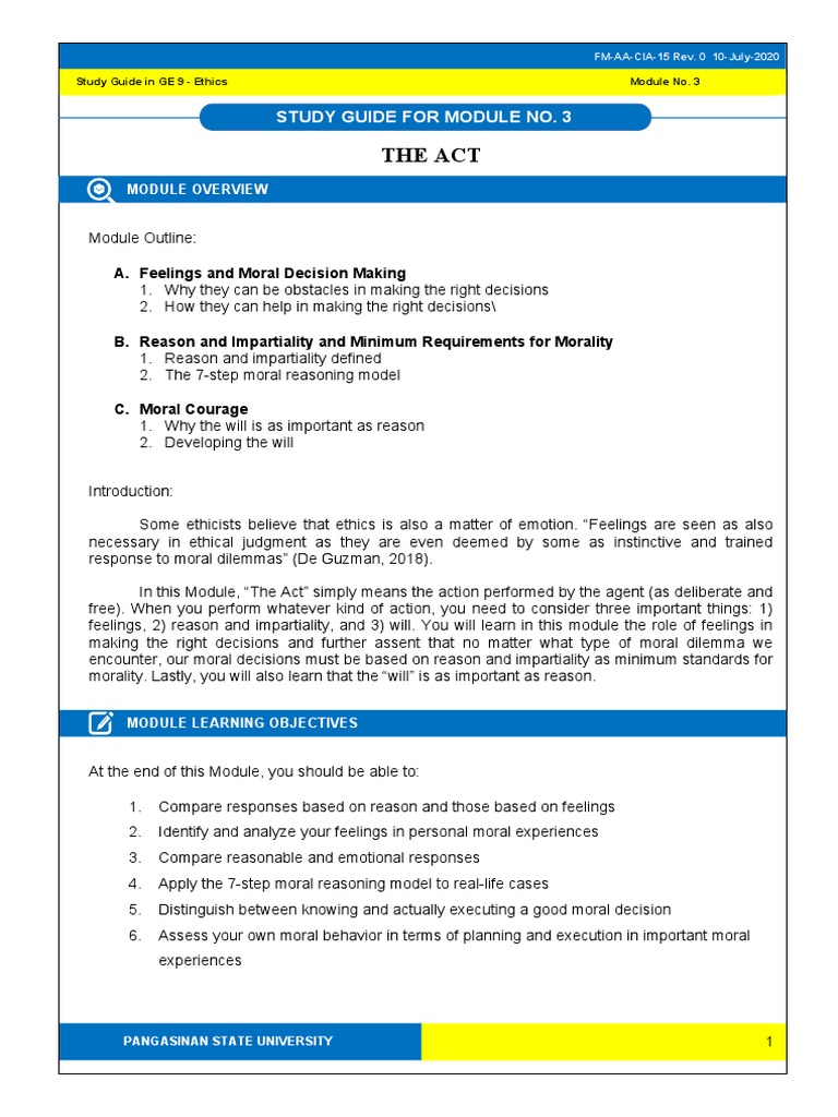 The Act: Study Guide For Module No. 3 | PDF | Reason | Morality