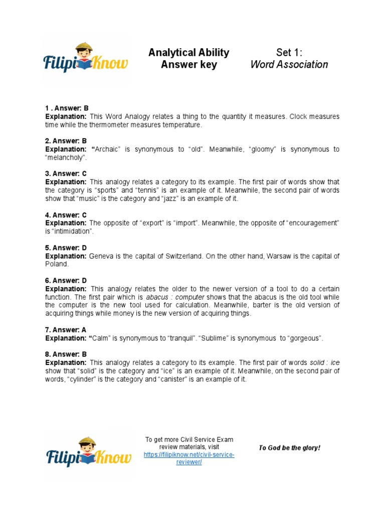 Analytical Ability Answer Key: Word Association | PDF | Science