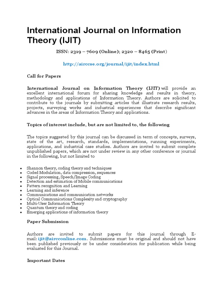 International Journal On Information Theory (IJIT) | PDF