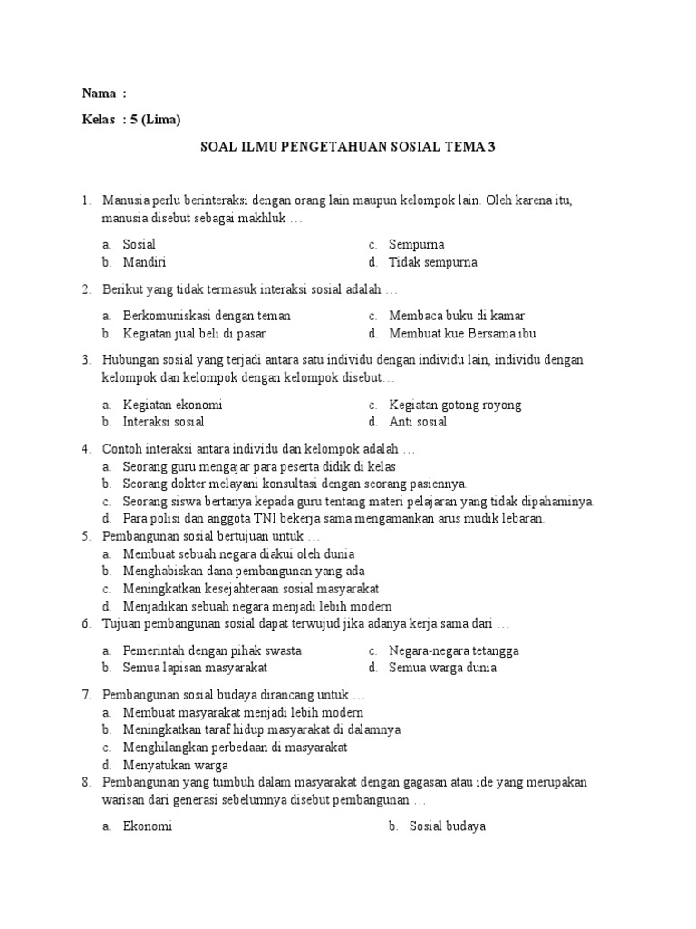 Soal Penilaian Akhir Sekolah Sd Mata Pelajaran Ips Kelas 5 Pdf