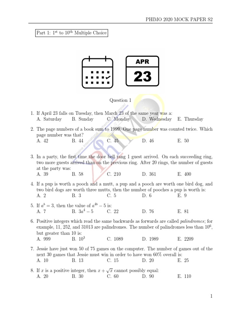 PHIMO 2020 Mock Exam Paper S2 | PDF