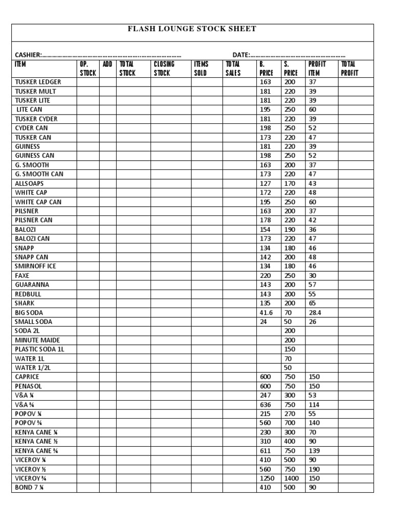 1 Flash Lounge Stock Sheet | PDF