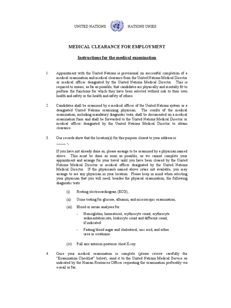 UN Medical Clearance Instructions | PDF | Physical Examination | Physician