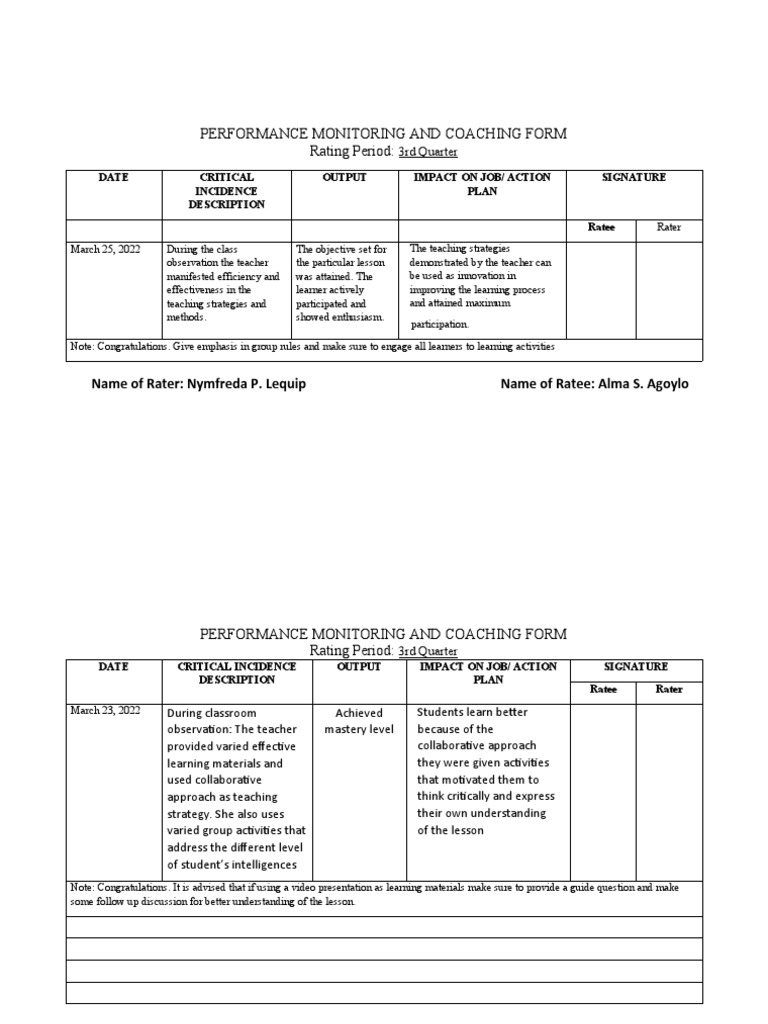 Performance Monitoring and Coaching Form Rating Period | PDF | Teaching ...