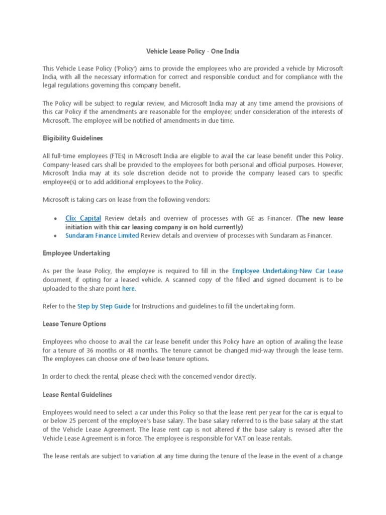 Vehicle Lease Policy - One India: Clix Capital | Download Free PDF ...