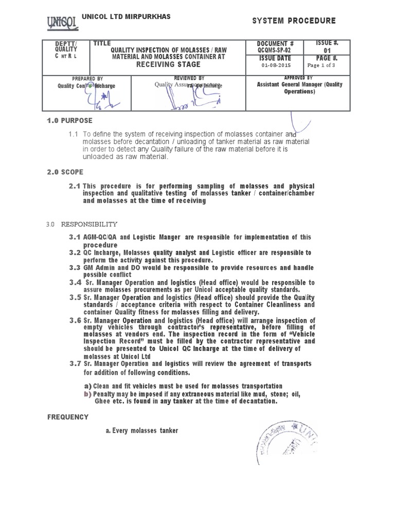 01.SOP of Quality Inspection Raw Material Molasses | PDF | Business Process