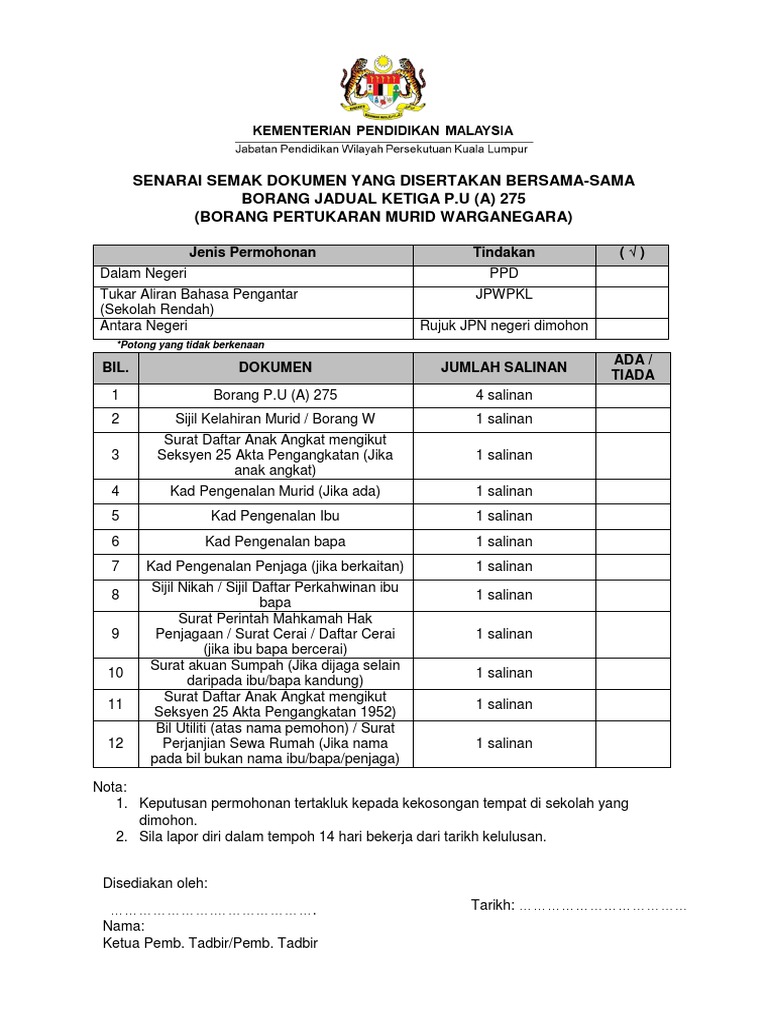 Senarai Semak Dokumen Yang Disertakan Bersama P.U (A) 275 | PDF