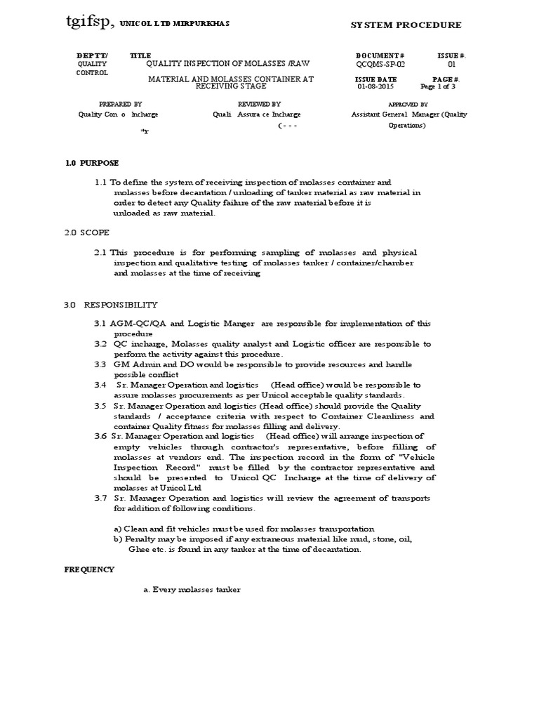 01.SOP of Quality Inspection Raw Material Molasses | PDF | Business Process