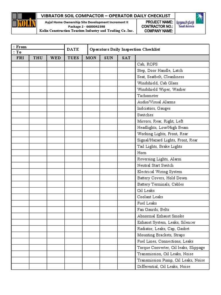 Vibrator Soil Compactor Daily Checklist | PDF | Transmission (Mechanics ...