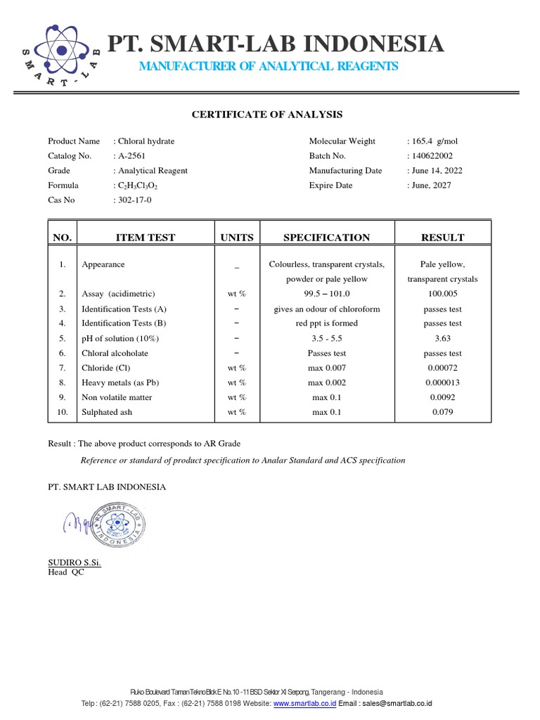 Analytical Reagent Certificate of Analysis Chloral Hydrate | PDF ...