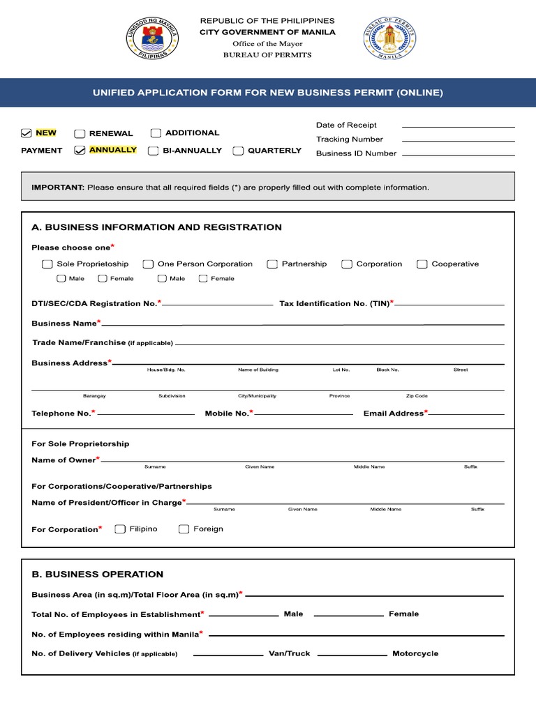 Unified Application Form For New Business Permit (Online) : Male Male Female Female | PDF | Sole ...
