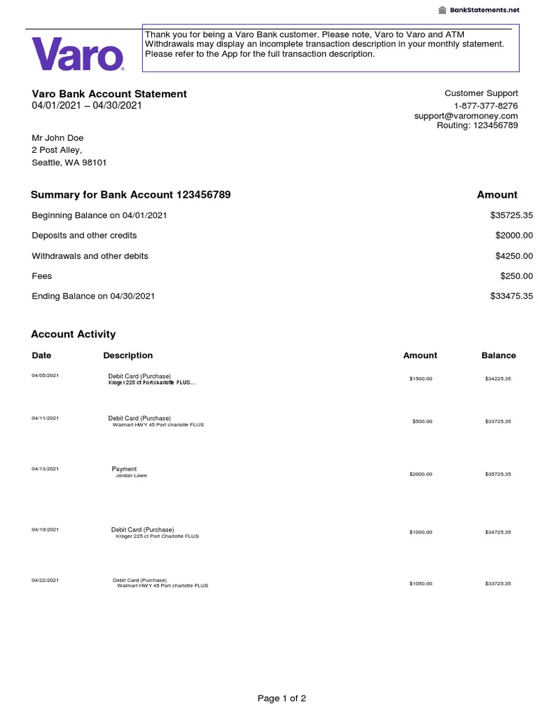 Varo Bank Account Statement Example | PDF | Debit Card | Financial ...