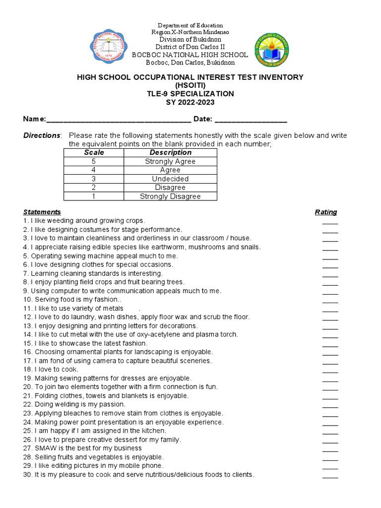High School Occupational Interest Test Inventory (Hsoiti) Tle-9 ...