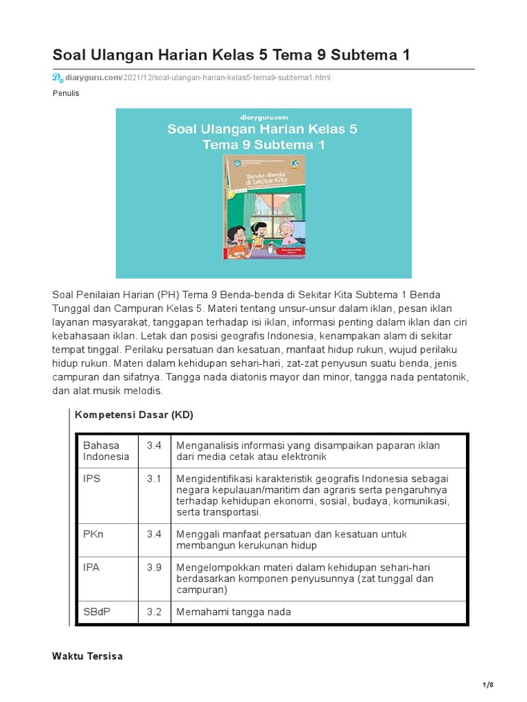 Soal Ulangan Harian Kelas 5 Tema 9 Subtema 1 | PDF | Seni & Disiplin Bahasa | Kajian Bahasa Asing
