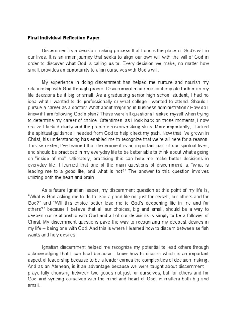 Discernment Reflection Paper | PDF | Decision Making | Behavior Modification