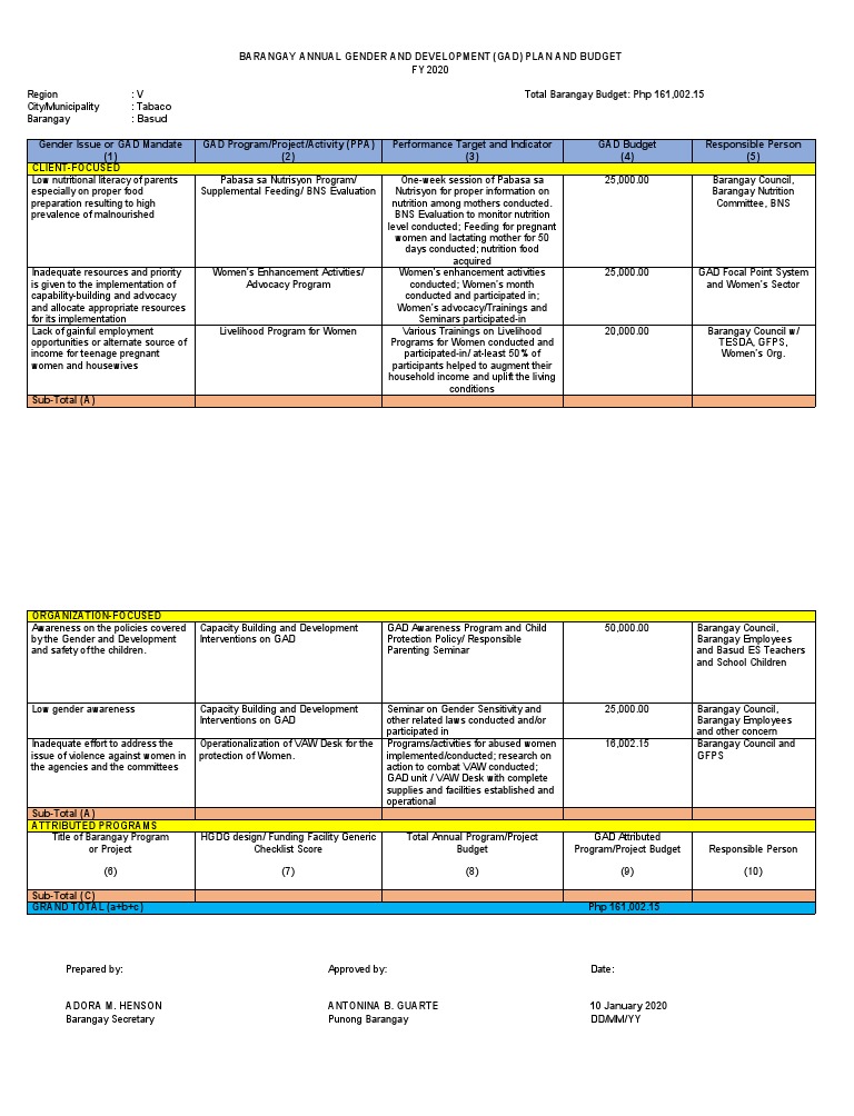 Barangay Annual Gender and Development (Gad) Plan and Budget | PDF ...