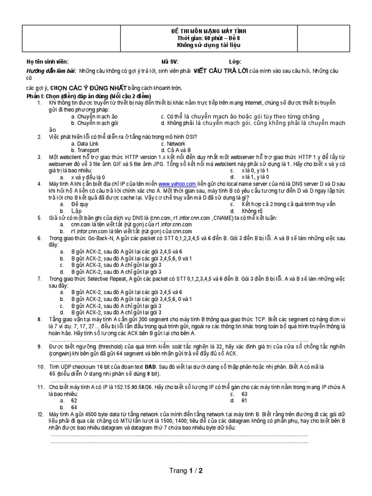 Đề thi MMT 8 | PDF