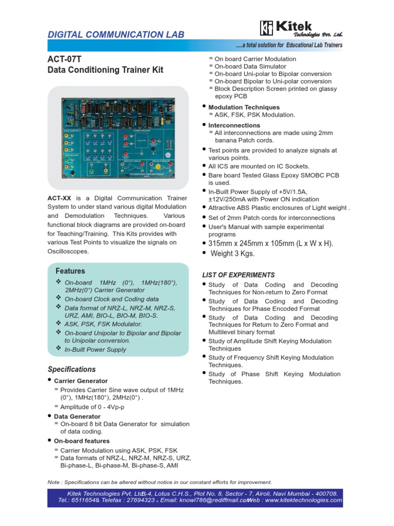 Digital Communication Lab: ACT-07T Data Conditioning Trainer Kit | PDF | Modulation | Data ...