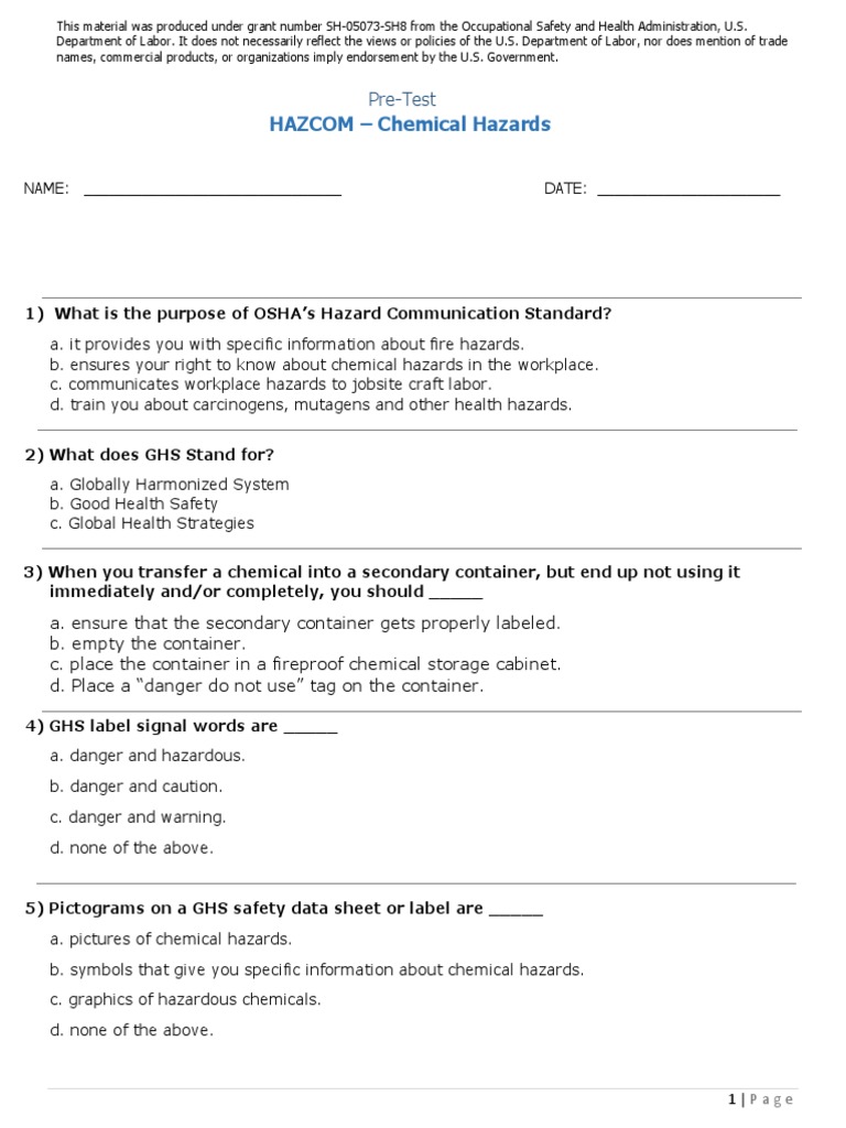 HAZCOM Quiz: Chemical Hazards Overview | PDF | Safety | Occupational ...