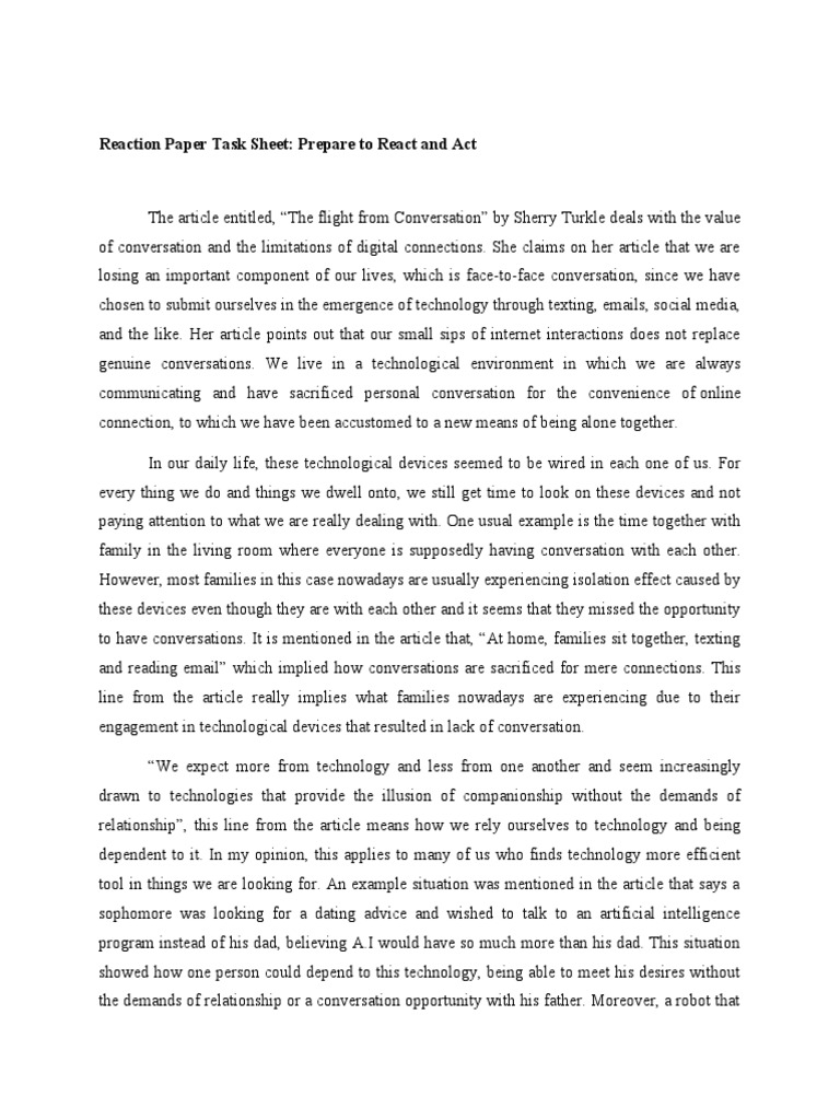Reaction Paper Task Sheet Prepare To React and Act | PDF | Conversation ...