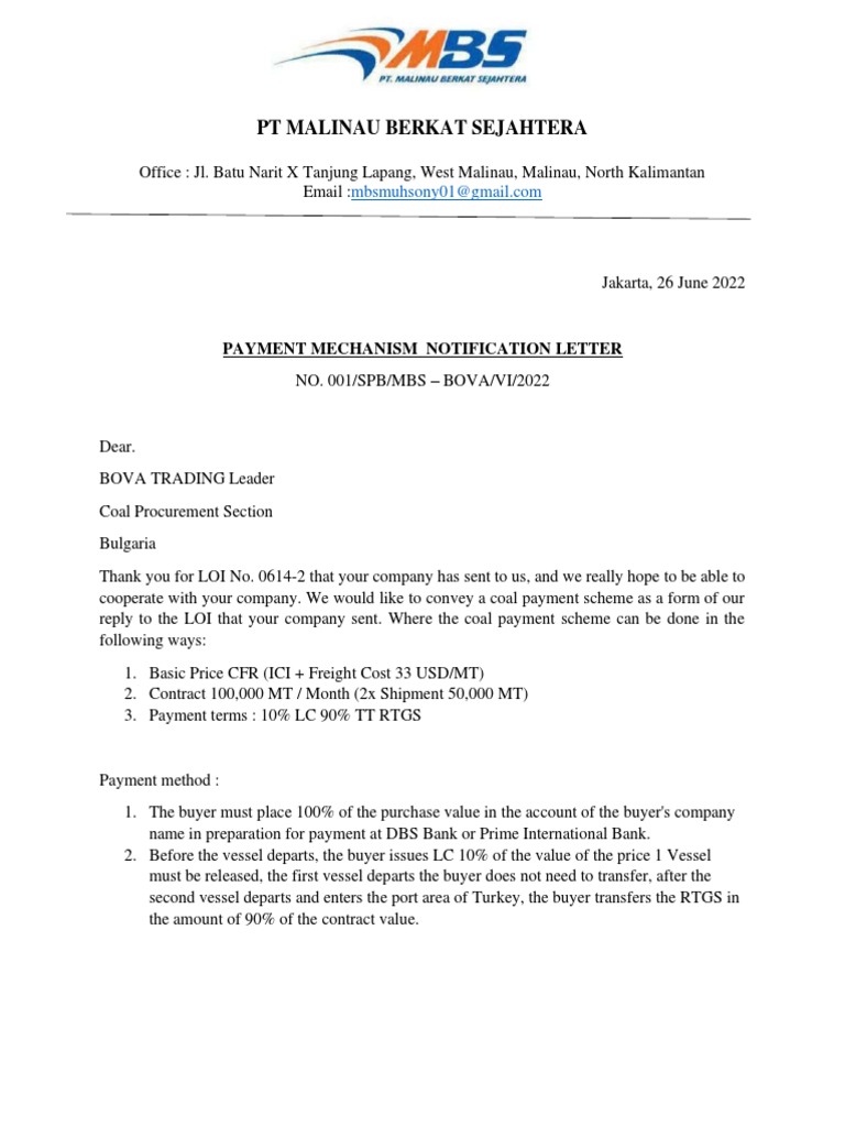 PAYMENT MECHANISM NOTIFICATION LETTER | PDF